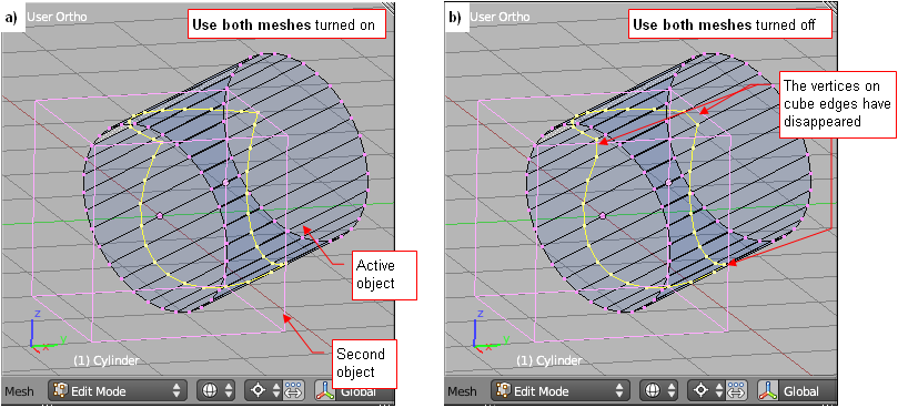 Fig. 5. Comparing results — option Use both meshes turned on ( a ) and ...